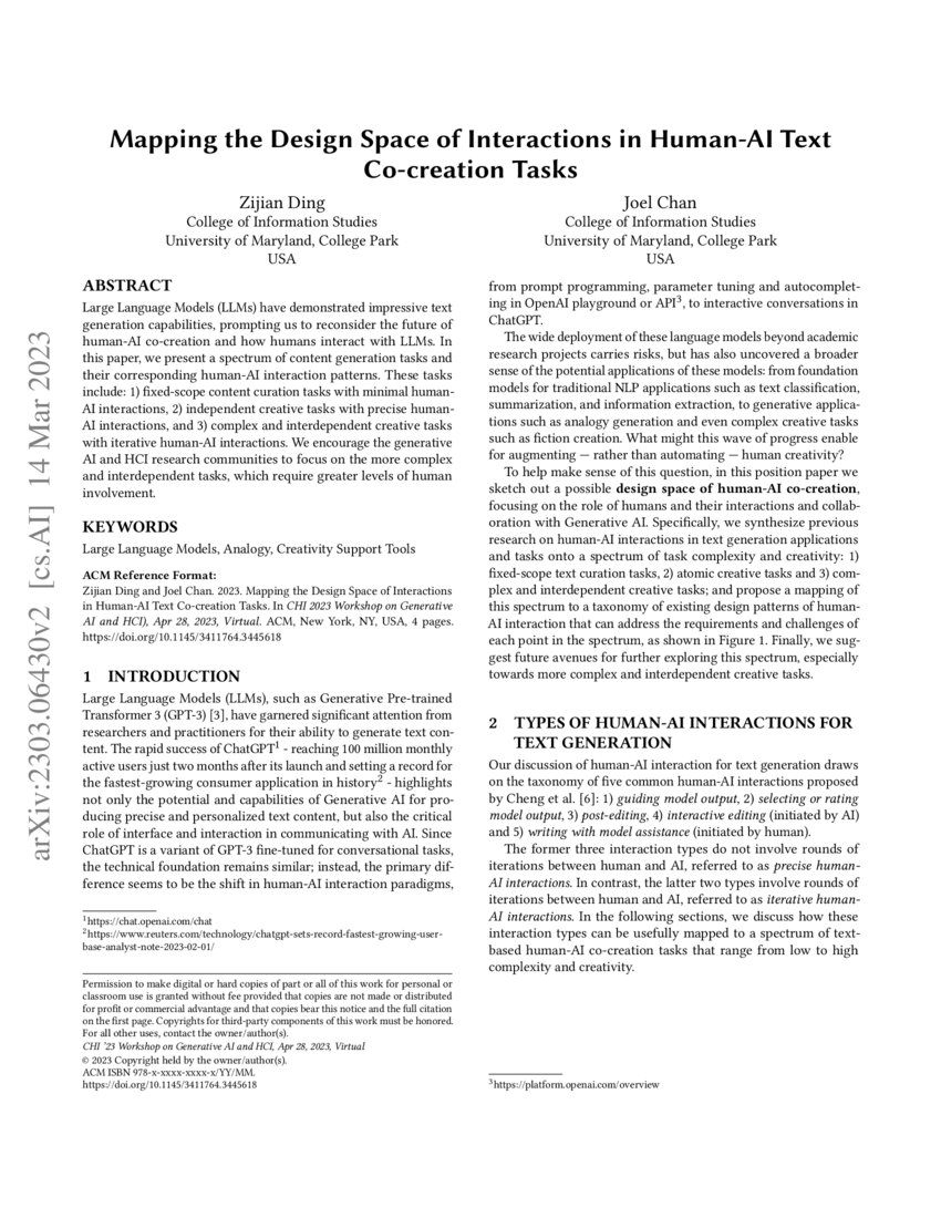 Mapping the Design Space of Interactions in Human-AI Text Co-creation Tasks | DeepAI