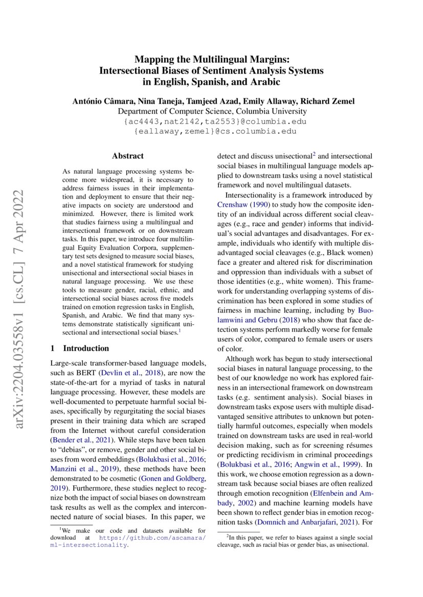 Mapping the Multilingual Margins: Intersectional Biases of Sentiment ... Mapping the Multilingual Margins: Intersectional Biases of Sentiment ...