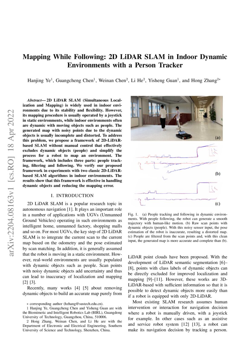 Mapping While Following 2d Lidar Slam In Indoor Dynamic Environments With A Person Tracker Deepai