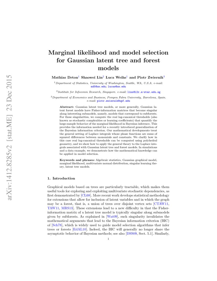 Marginal likelihood and model selection for Gaussian latent tree and ...