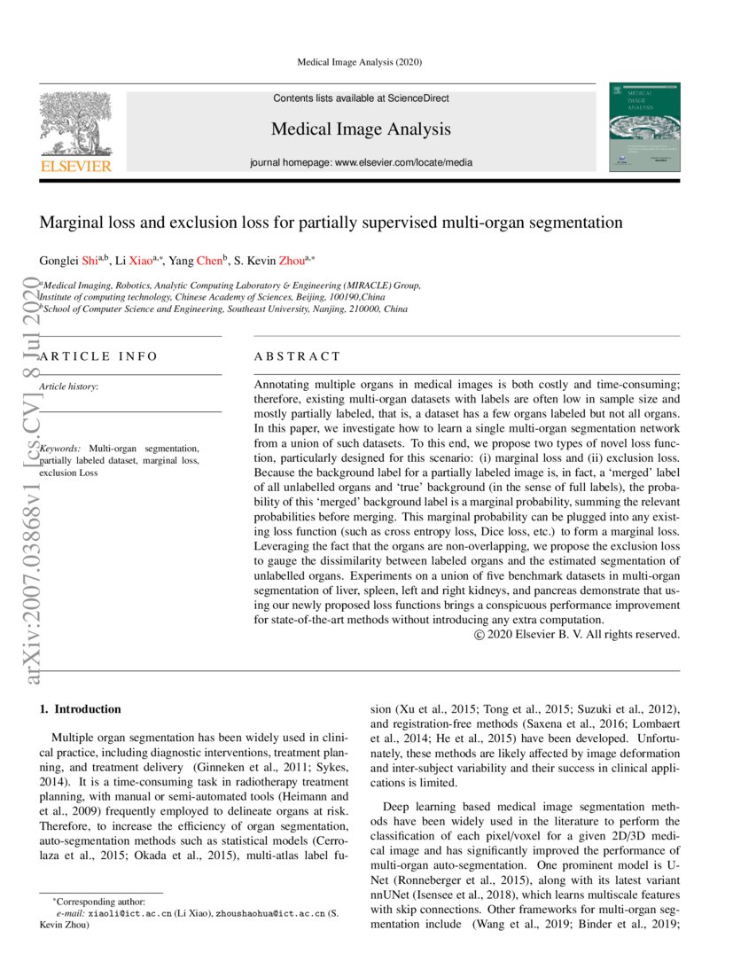 Marginal loss and exclusion loss for partially supervised multi-organ ...
