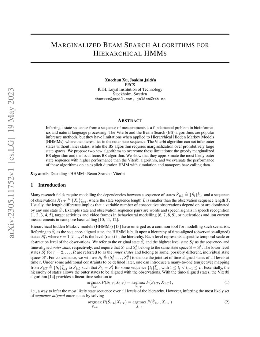 Marginalized Beam Search Algorithms for Hierarchical HMMs | DeepAI