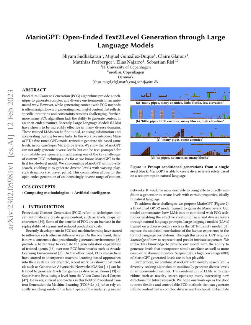 MarioGPT: Open-Ended Text2Level Generation through Large Language Models | DeepAI