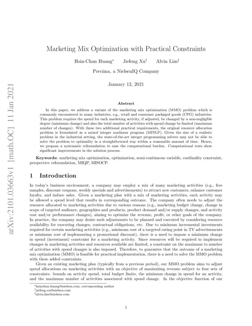 Marketing Mix Optimization with Practical Constraints | DeepAI