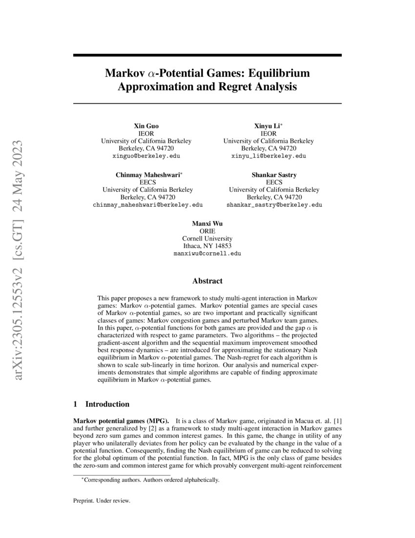 Markov α-Potential Games: Equilibrium Approximation and Regret Analysis ... Markov α-Potential Games: Equilibrium Approximation and Regret Analysis ...