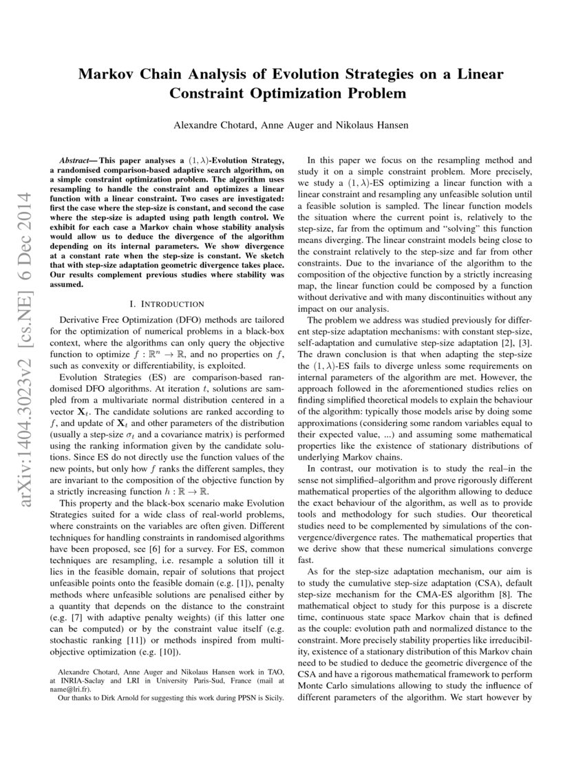 Markov Chain Analysis of Evolution Strategies on a Linear Constraint Optimization Problem | DeepAI