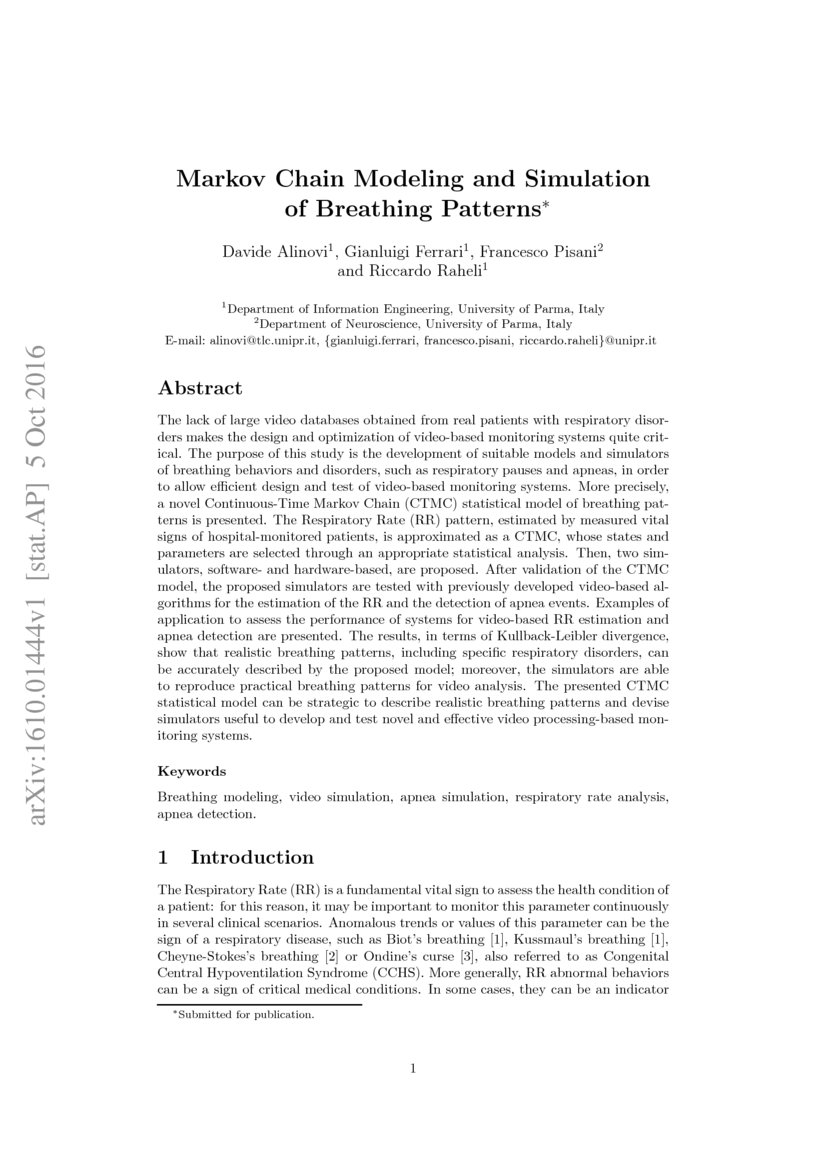 Markov Chain Modeling and Simulation of Breathing Patterns | DeepAI
