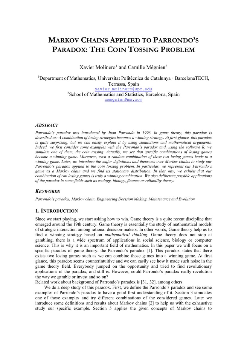 Markov chains applied to Parrondo's paradox: The coin tossing problem ...