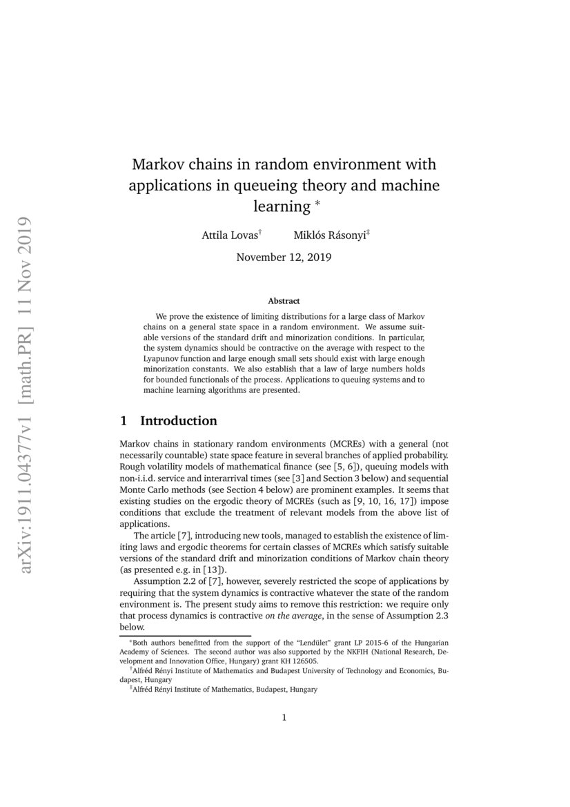 Markov Chains In Random Environment With Applications In Queueing Theory And Machine Learning