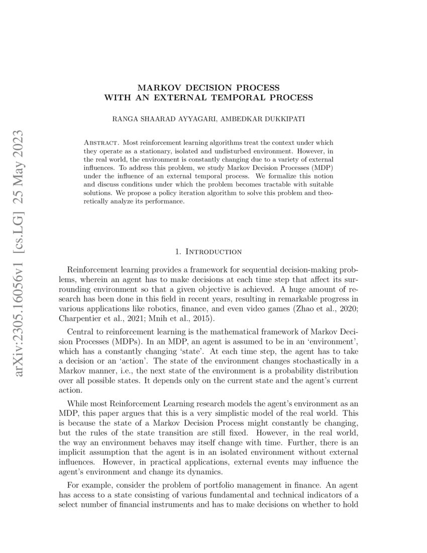 Markov Decision Process with an External Temporal Process | DeepAI