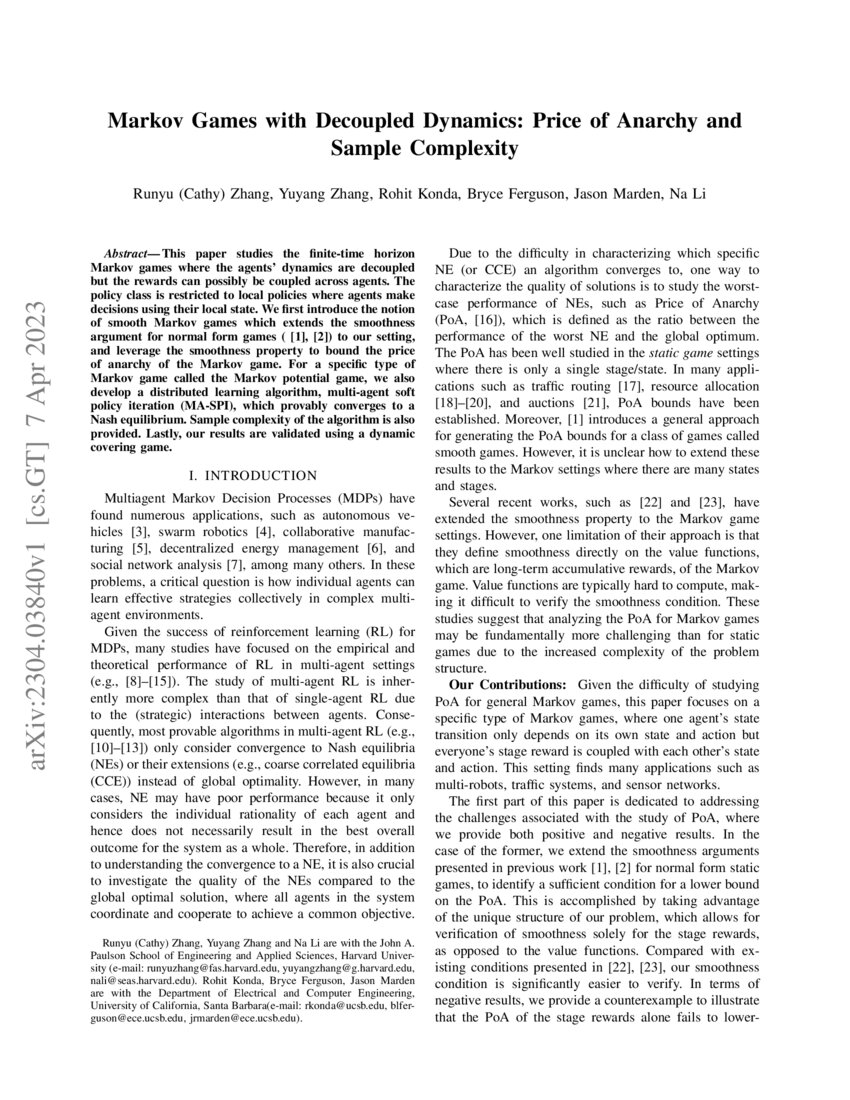 Markov Games With Decoupled Dynamics Price Of Anarchy And Sample