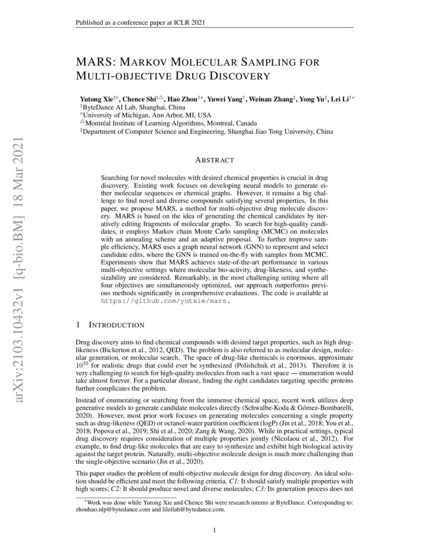 MARS: Markov Molecular Sampling for Multi-objective Drug Discovery | DeepAI