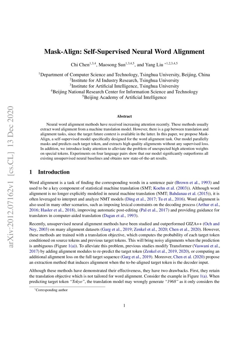 Mask-Align: Self-Supervised Neural Word Alignment | DeepAI Mask-Align: Self-Supervised Neural Word Alignment | DeepAI