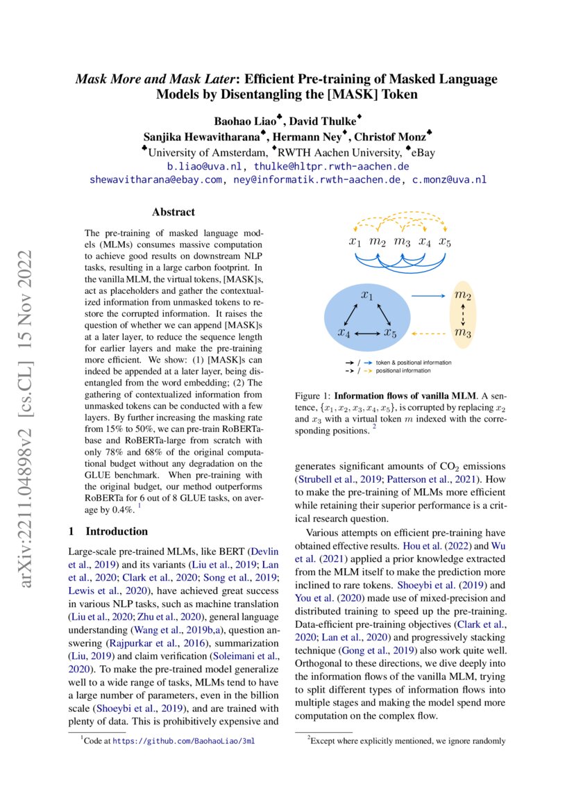 Mask More and Mask Later: Efficient Pre-training of Masked Language Models by Disentangling the ...