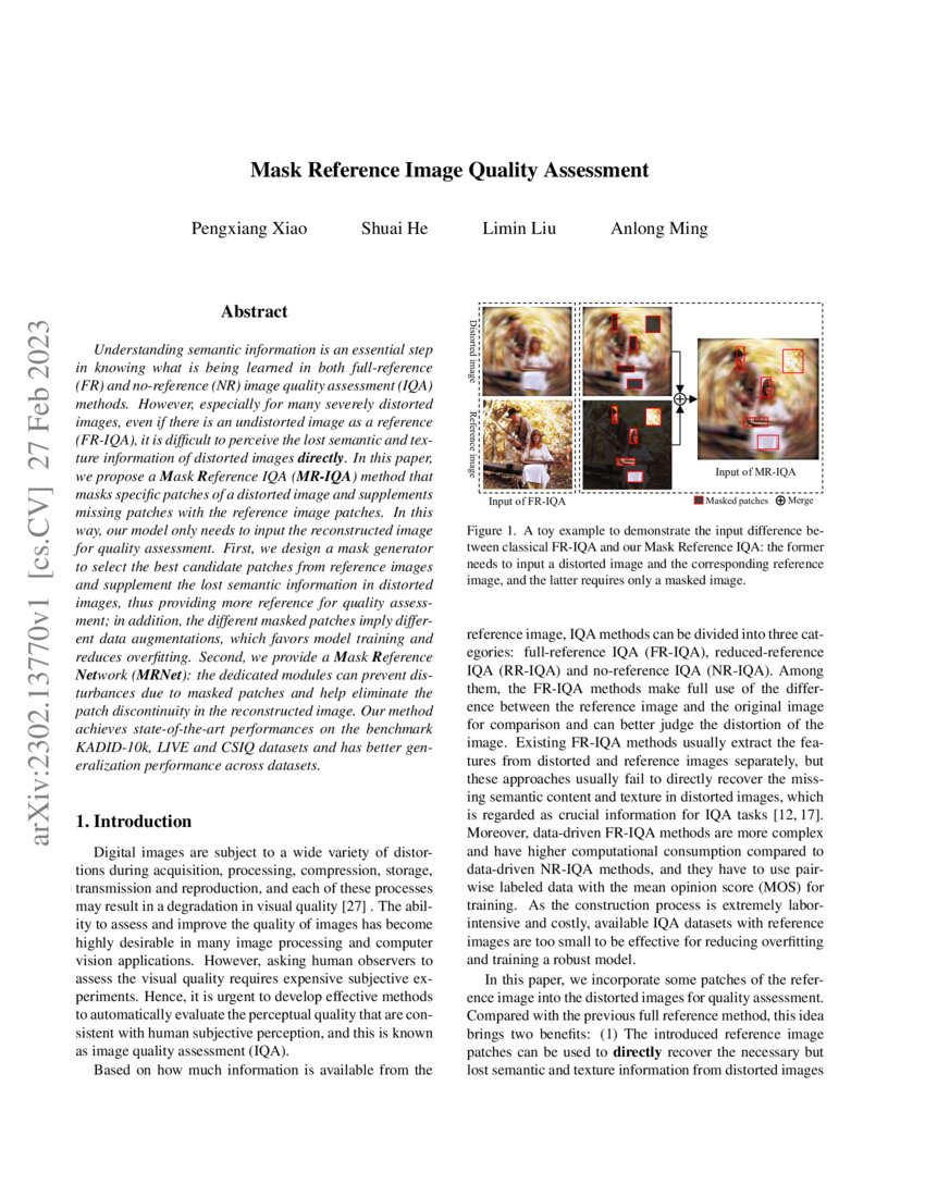 Mask Reference Image Quality Assessment | DeepAI