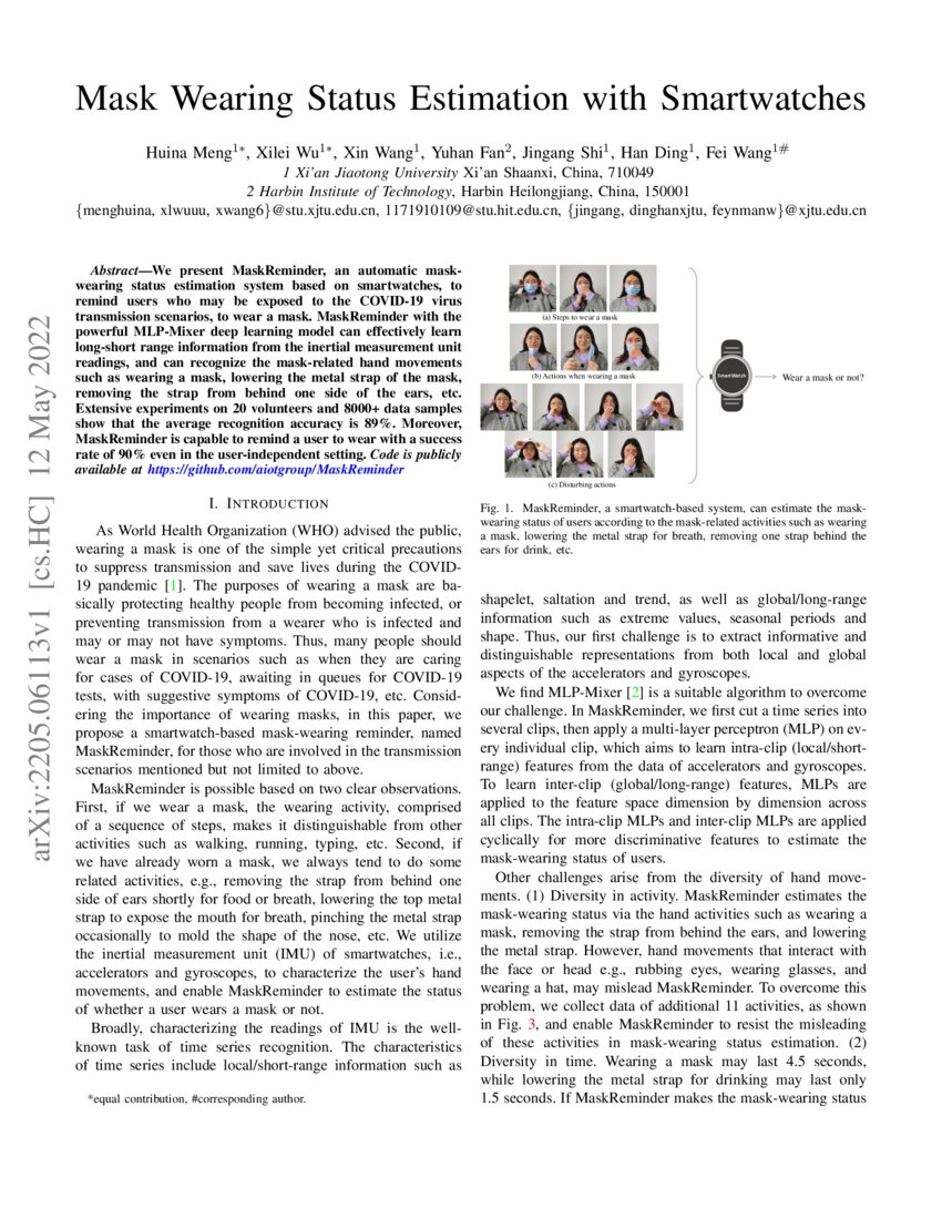 Mask Wearing Status Estimation with Smartwatches | DeepAI
