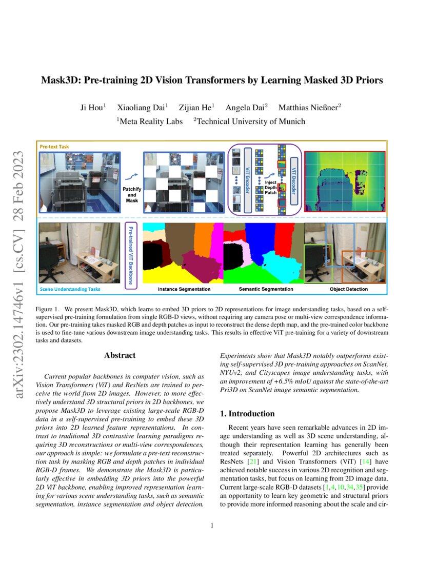 Mask3D: Pre-training 2D Vision Transformers by Learning Masked 3D ...