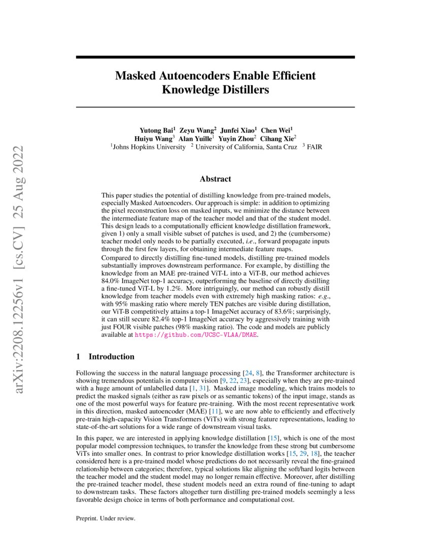 Masked Autoencoders Enable Efficient Knowledge Distillers | DeepAI Masked Autoencoders Enable Efficient Knowledge Distillers | DeepAI