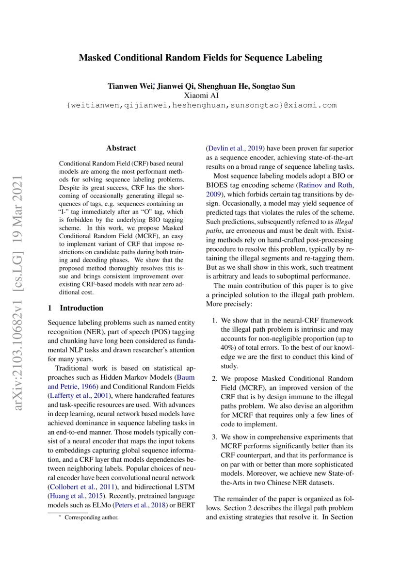 Masked Conditional Random Fields For Sequence Labeling Deepai 