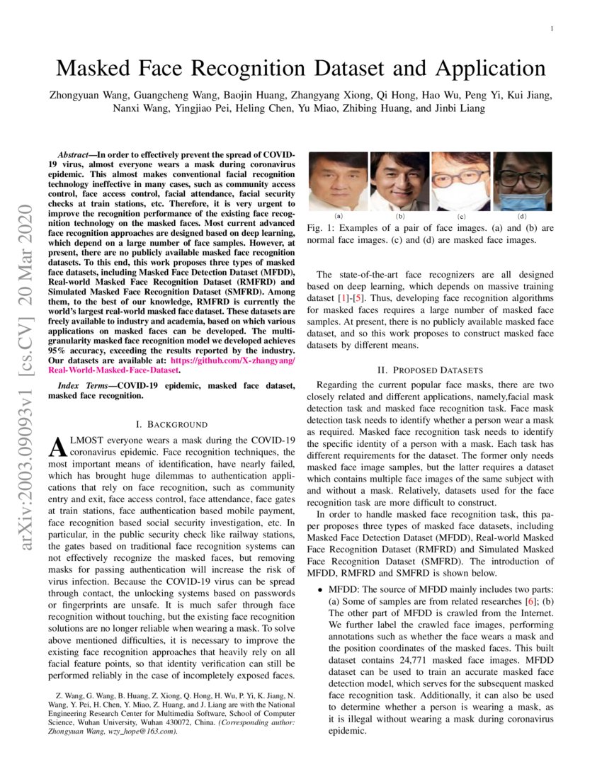 Masked Face Recognition Dataset and Application | DeepAI