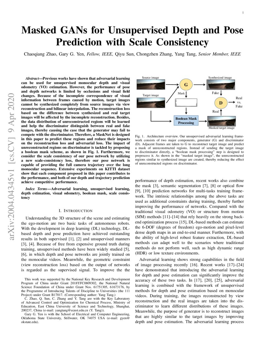 Masked GANs for Unsupervised Depth and Pose Prediction with Scale Consistency | DeepAI