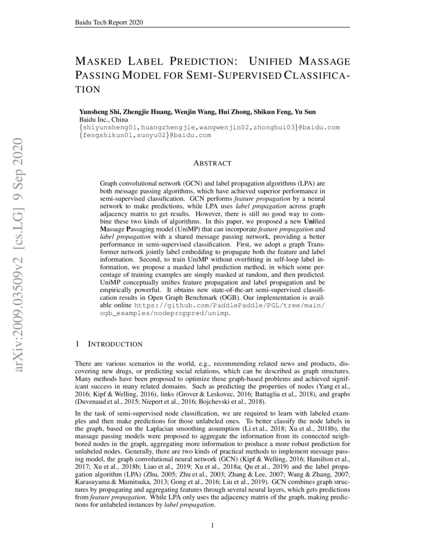 Masked Label Prediction: Unified Massage Passing Model for Semi ... Masked Label Prediction: Unified Massage Passing Model for Semi ...