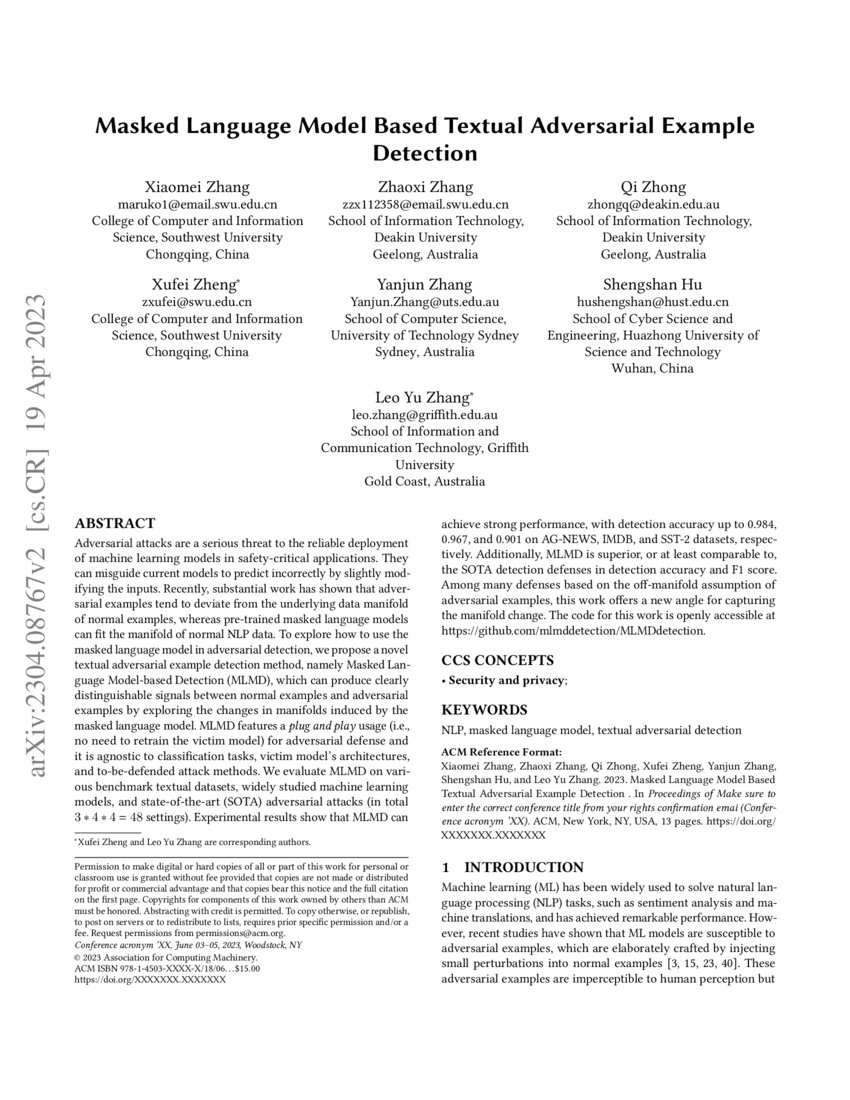 Masked Language Model Based Textual Adversarial Example Detection | DeepAI Masked Language Model Based Textual Adversarial Example Detection | DeepAI