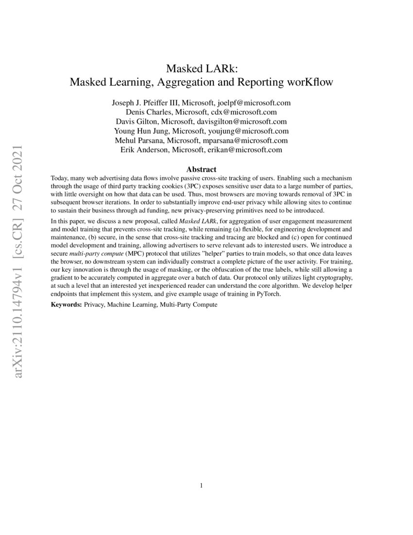 Masked LARk: Masked Learning, Aggregation and Reporting worKflow | DeepAI