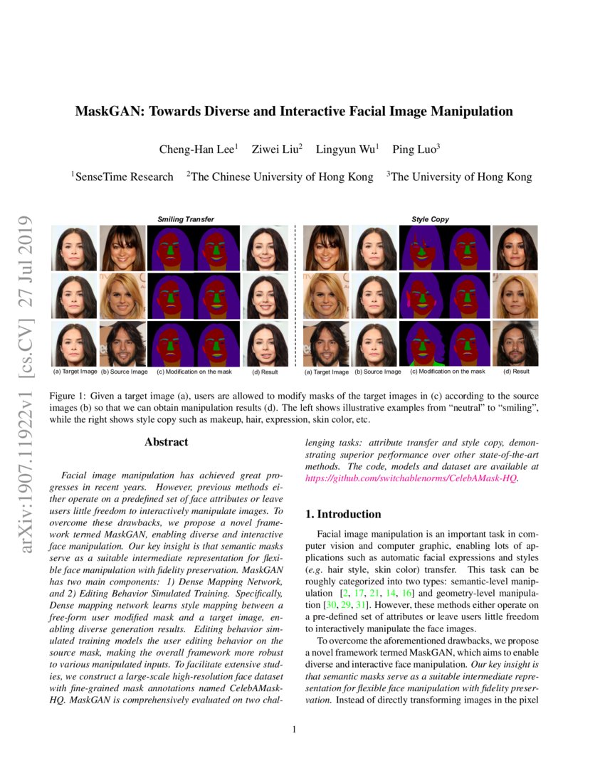 MaskGAN: Towards Diverse and Interactive Facial Image Manipulation | DeepAI