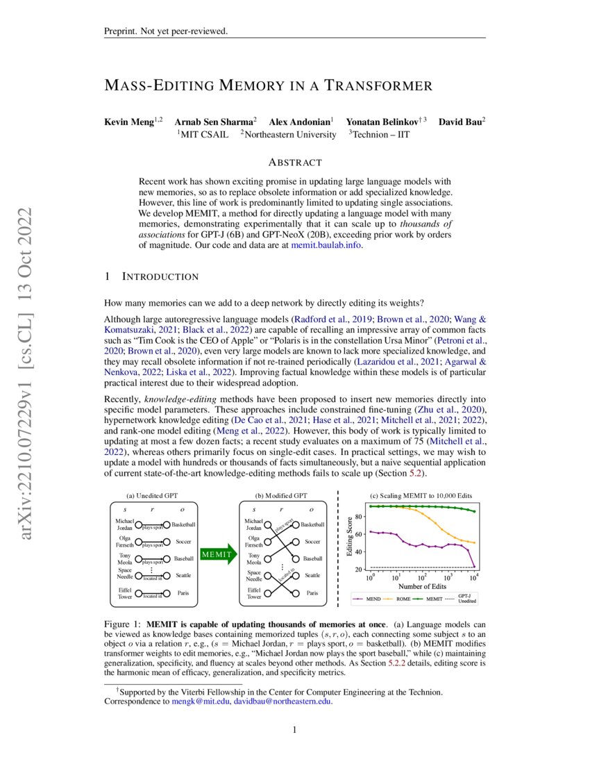 Mass-Editing Memory in a Transformer | DeepAI