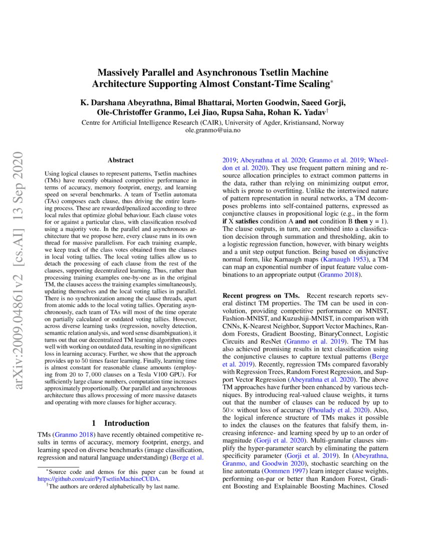 Massively Parallel And Asynchronous Tsetlin Machine Architecture Supporting Almost Constant Time
