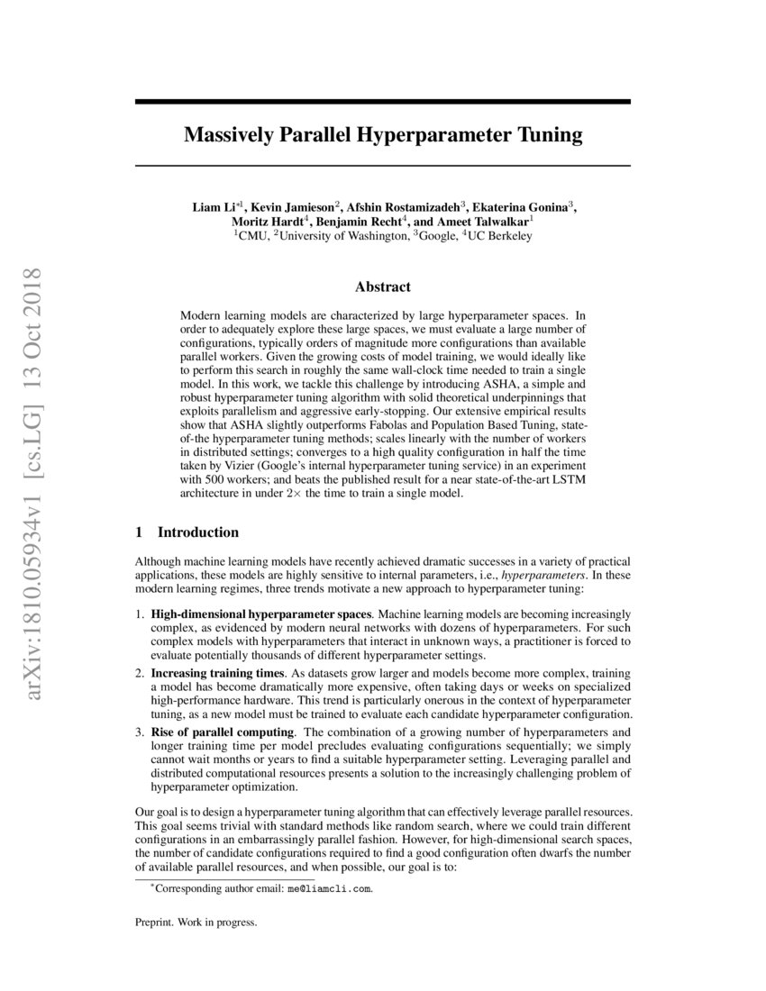 Massively Parallel Hyperparameter Tuning | DeepAI