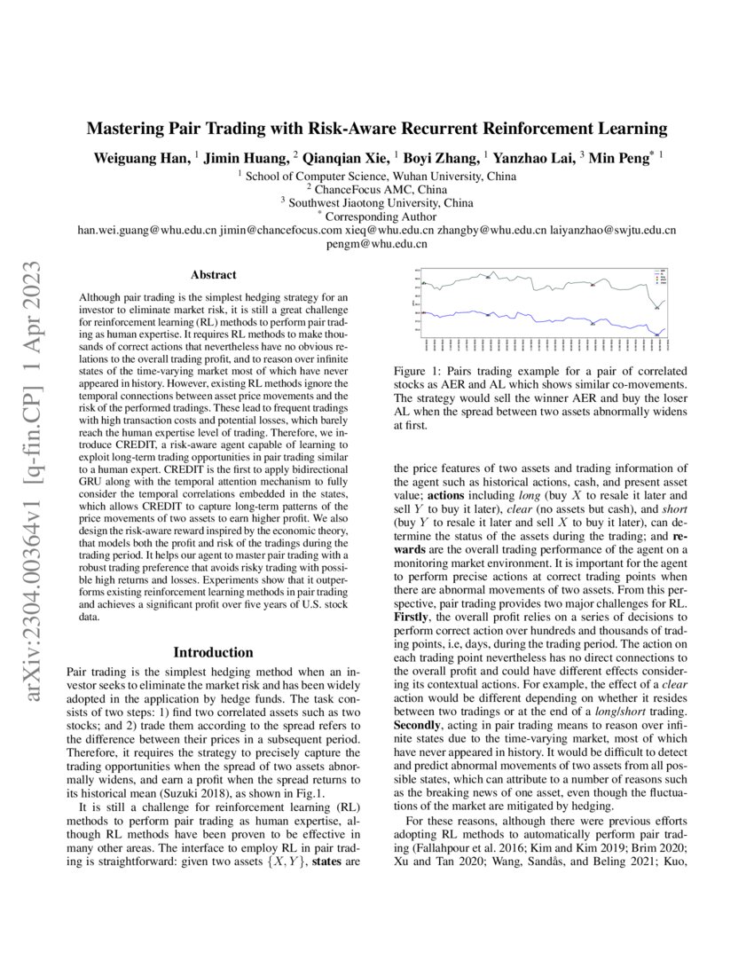Mastering Pair Trading with Risk-Aware Recurrent Reinforcement Learning | DeepAI