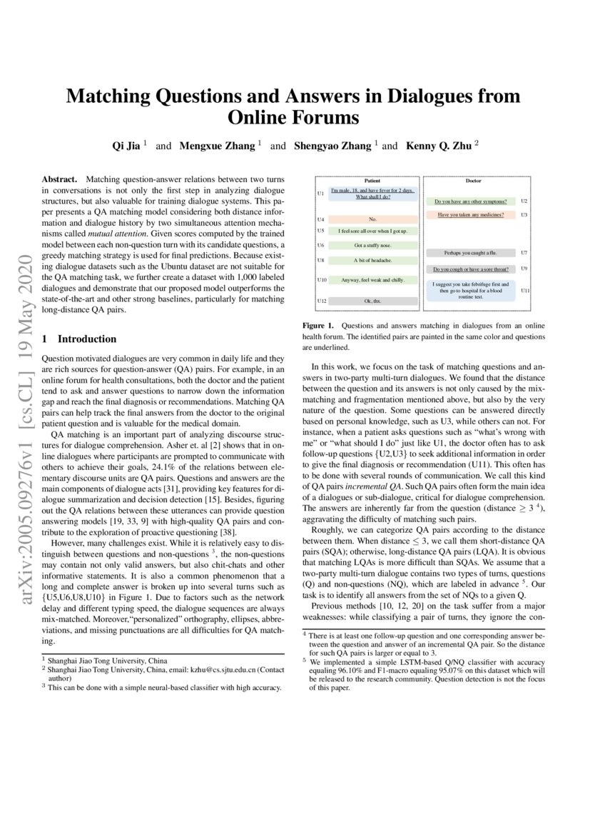Matching Questions and Answers in Dialogues from Online Forums | DeepAI