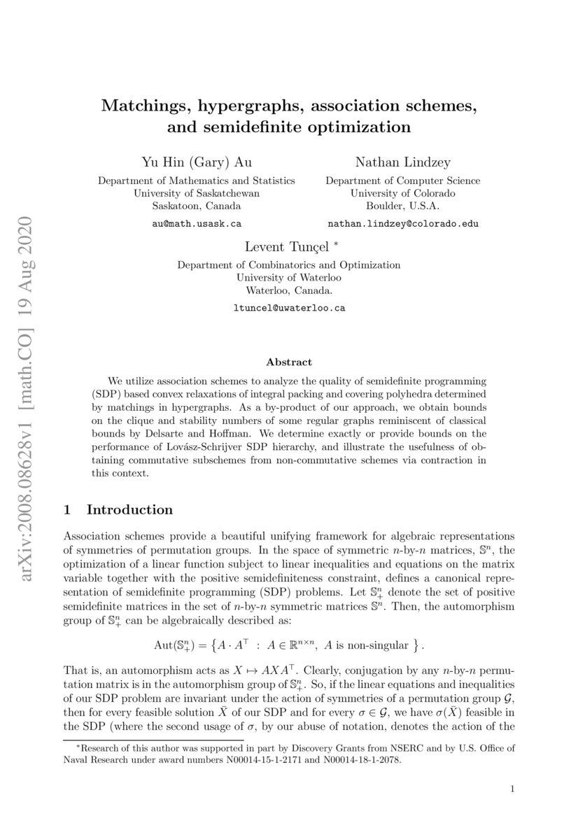 Matchings, hypergraphs, association schemes, and semidefinite optimization | DeepAI