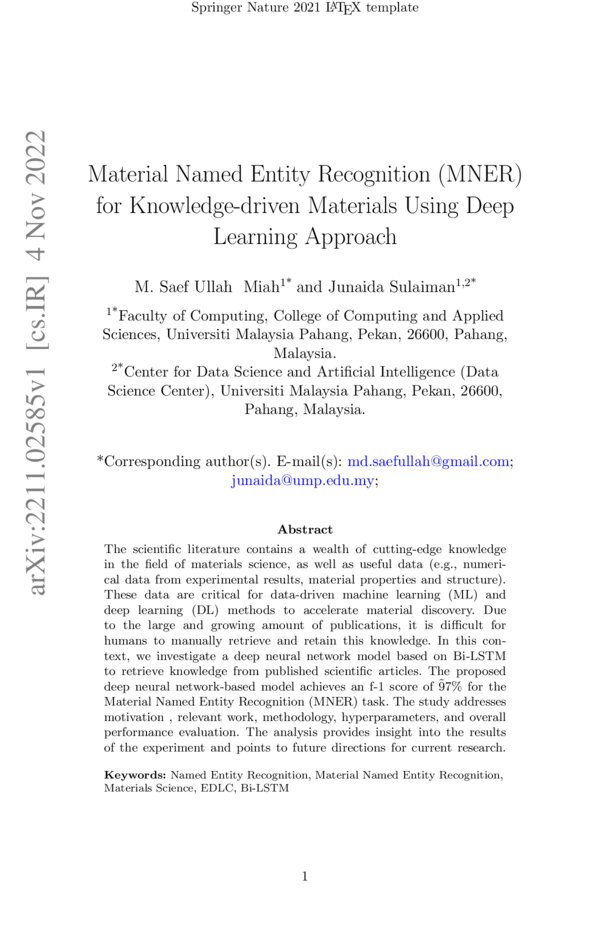 Material Named Entity Recognition Mner For Knowledge Driven Materials Using Deep Learning 
