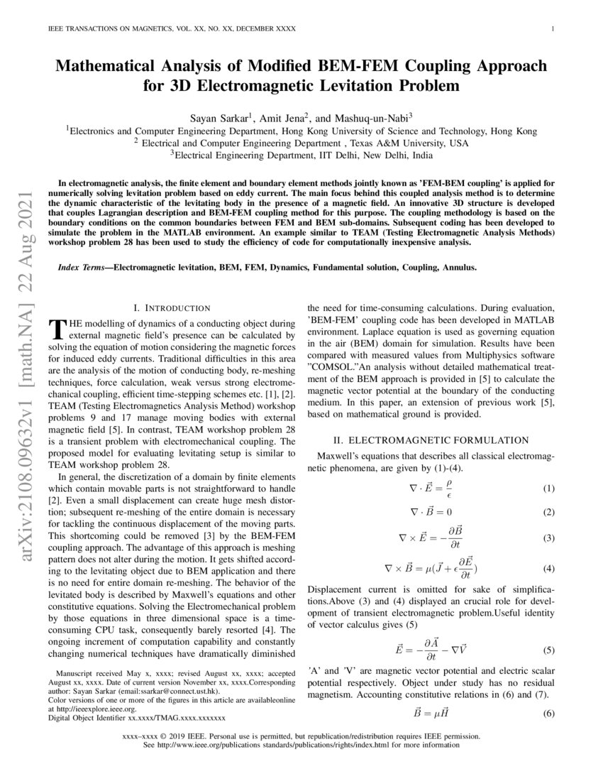 Mathematical Analysis Of Modified Bem Fem Coupling Approach For 3d Electromagnetic Levitation