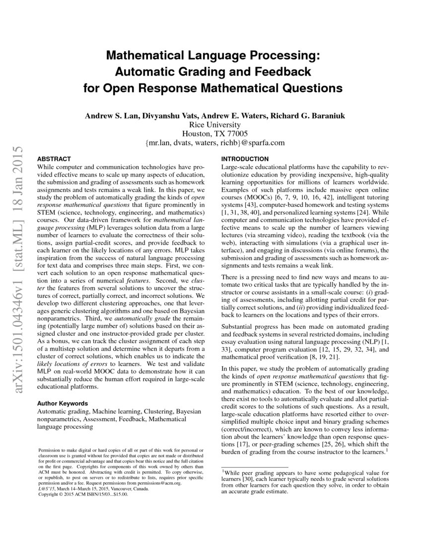 Mathematical Language Processing: Automatic Grading and Feedback for Open Response Mathematical ...
