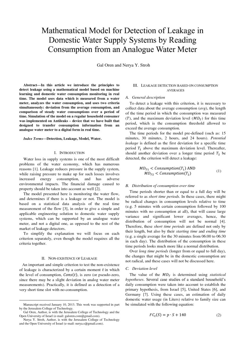 Mathematical Model for Detection of Leakage in Domestic Water Supply ...