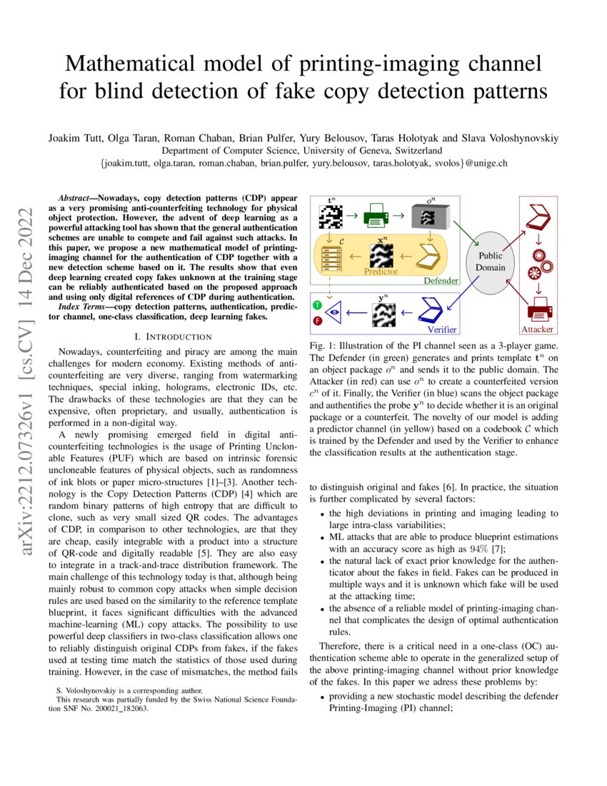Mathematical model of printing-imaging channel for blind detection of fake copy detection ...