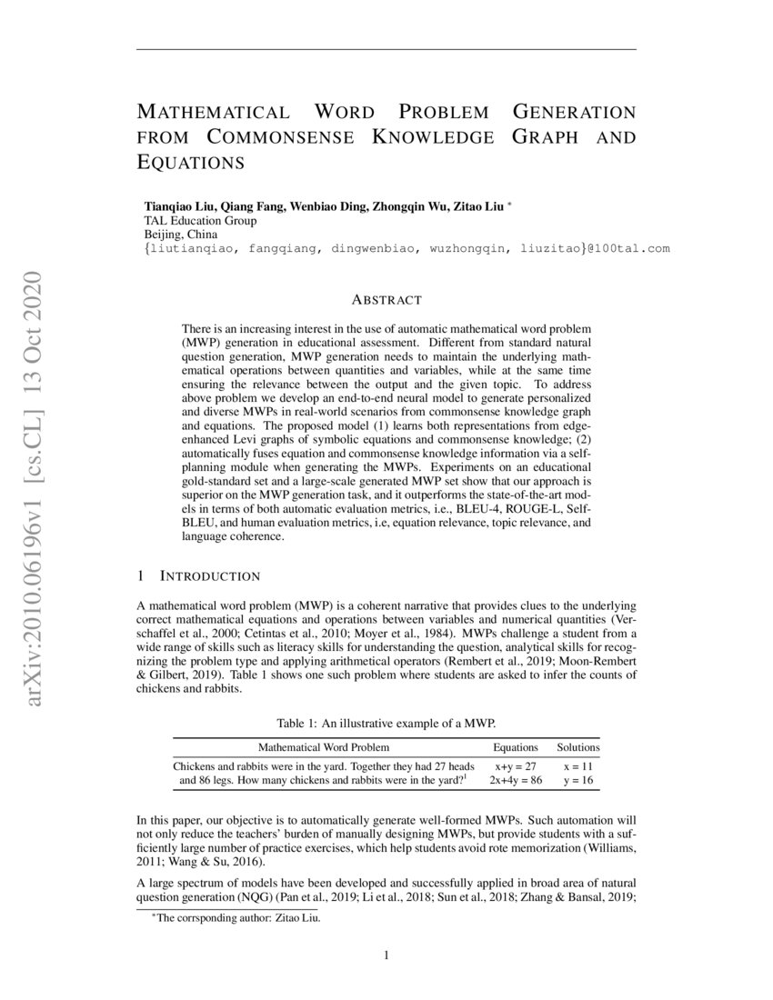 Mathematical Word Problem Generation from Commonsense Knowledge Graph ...