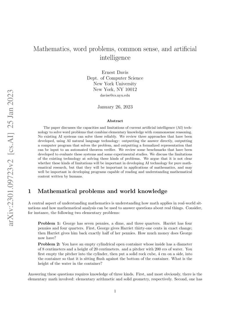 Mathematics, word problems, common sense, and artificial intelligence ...