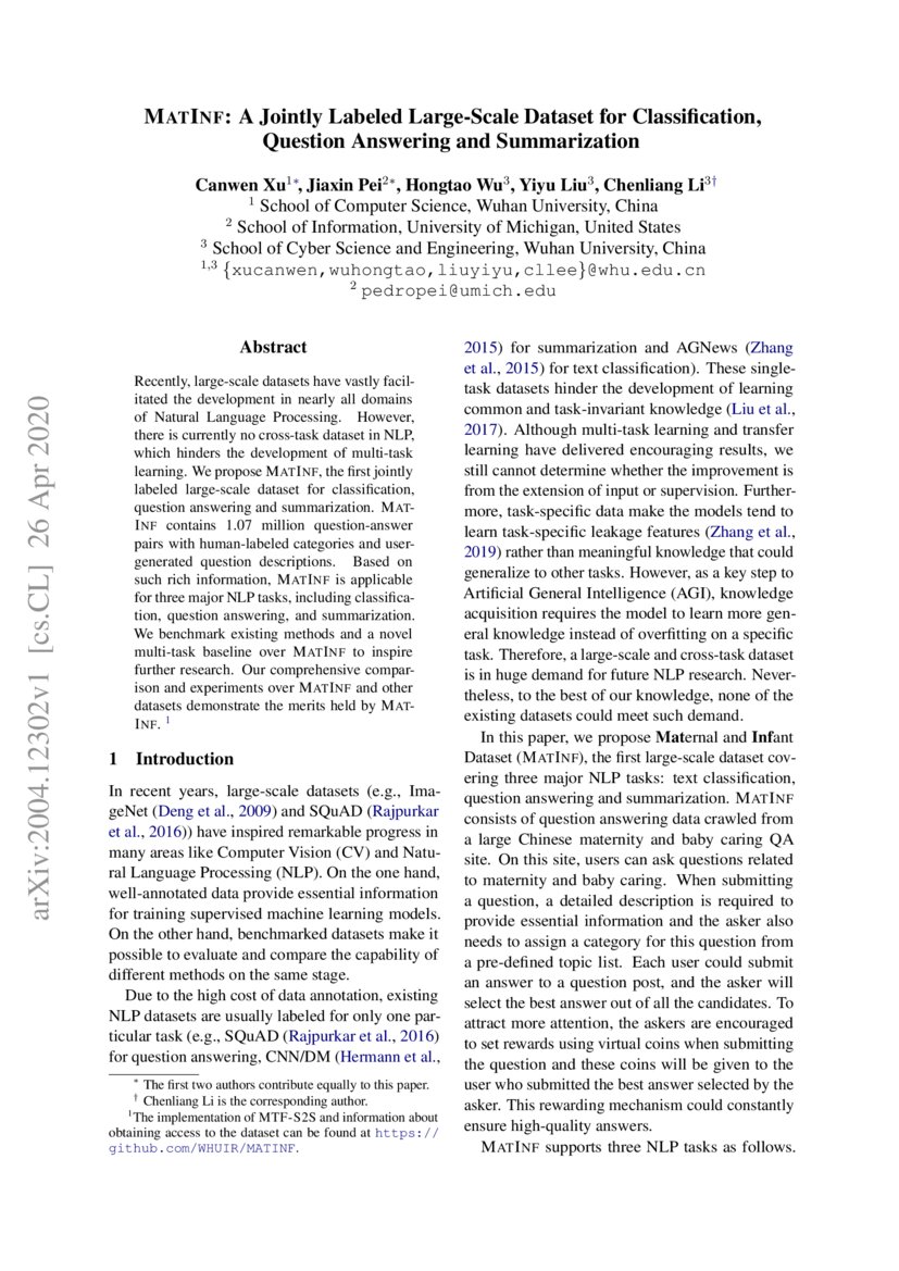 MATINF: A Jointly Labeled Large-Scale Dataset for Classification ...