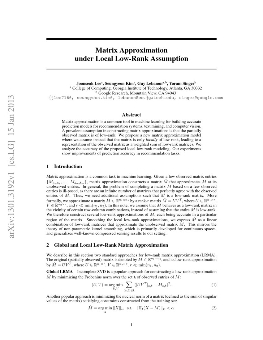 Matrix Approximation under Local Low-Rank Assumption | DeepAI