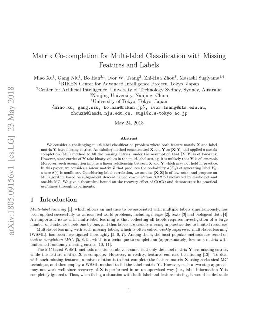 Matrix Co-completion for Multi-label Classification with Missing Features and Labels | DeepAI