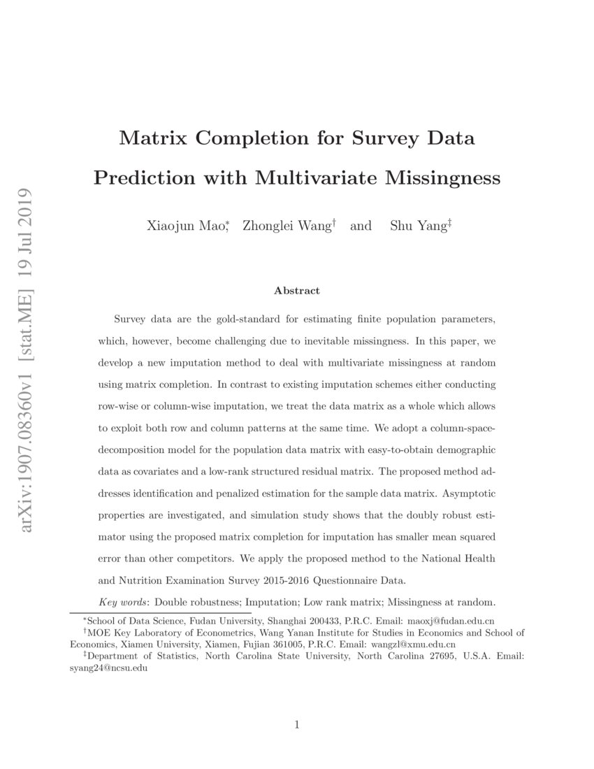 Matrix Completion for Survey Data Prediction with Multivariate Missingness | DeepAI