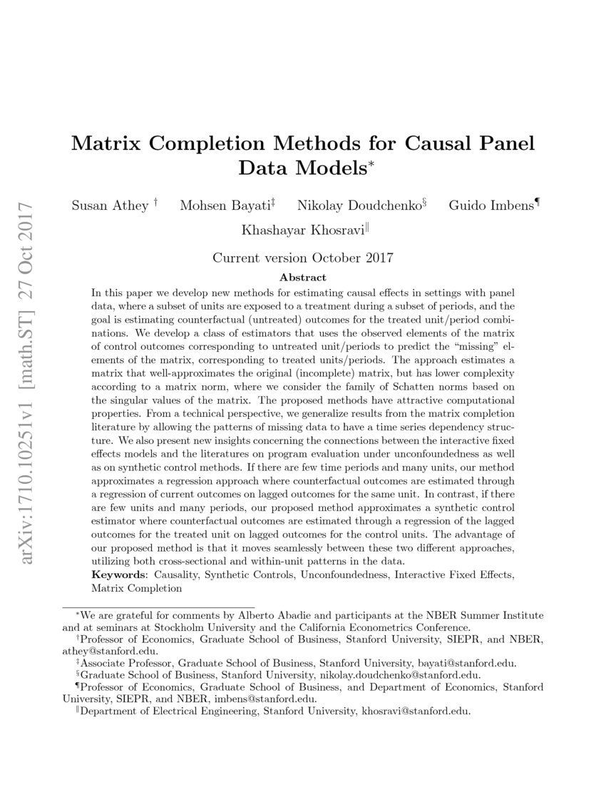 Matrix Completion Methods for Causal Panel Data Models | DeepAI