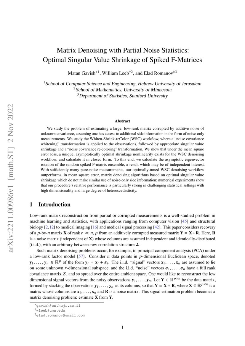 Matrix Denoising With Partial Noise Statistics Optimal Singular Value Shrinkage Of Spiked F