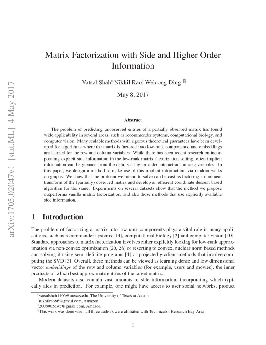 Matrix Factorization With Side And Higher Order Information Deepai