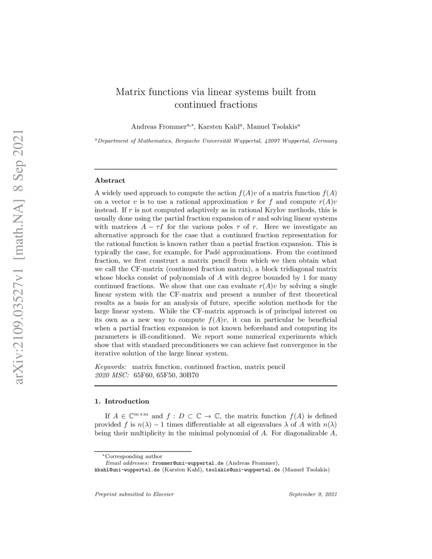 Matrix functions via linear systems built from continued fractions | DeepAI